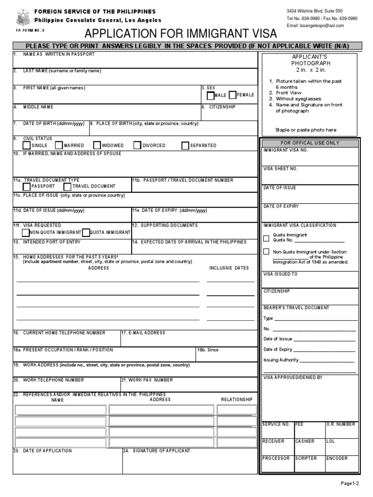 FA Form No. 3 Immigrant Visa Application | PDF | Travel Visa | Notary Public