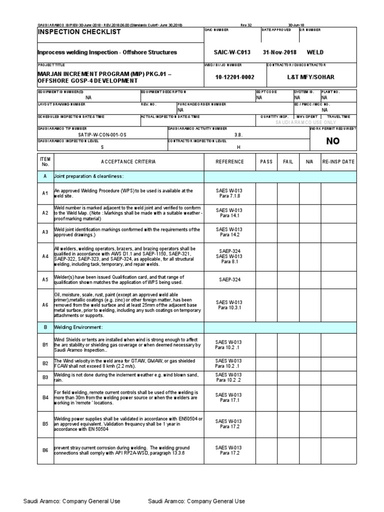 SAIC-W-C013-Inprocess Welding Inspection - Offshore Structures | PDF | Welding | Construction