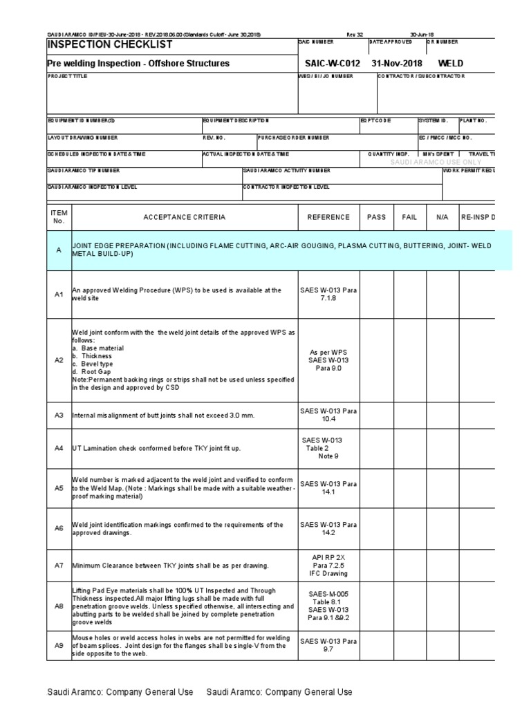 SAIC-W-C012-Pre Welding Inspection - Offshore Structures | PDF