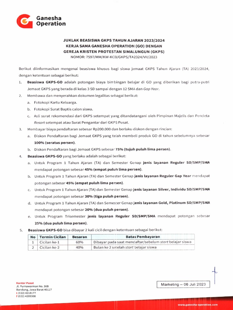 7579, Juklak Beasiswa GKPS Kerja Sama GKPS & GO TA23-24 | PDF