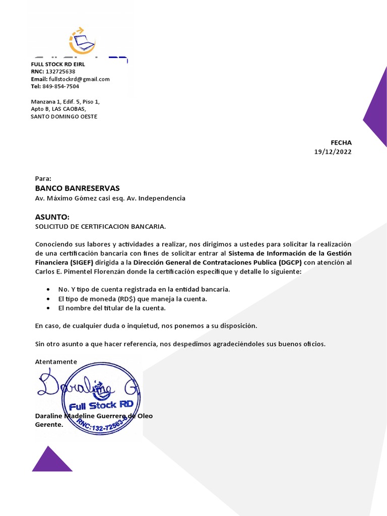 Formato de Carta Full Stock RD | PDF