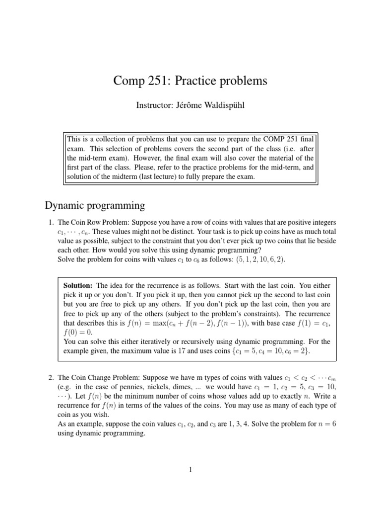 Practice Final COMP251 With Answers W2017 | PDF | Dynamic Programming | Mathematics