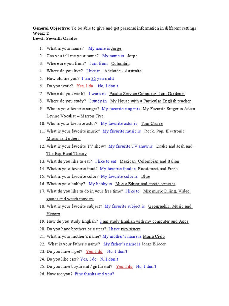 Personal Information Questions | PDF | Lifestyle