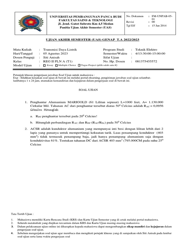 Uas TransmisiDayaListrik REG II PLN A T1 | PDF