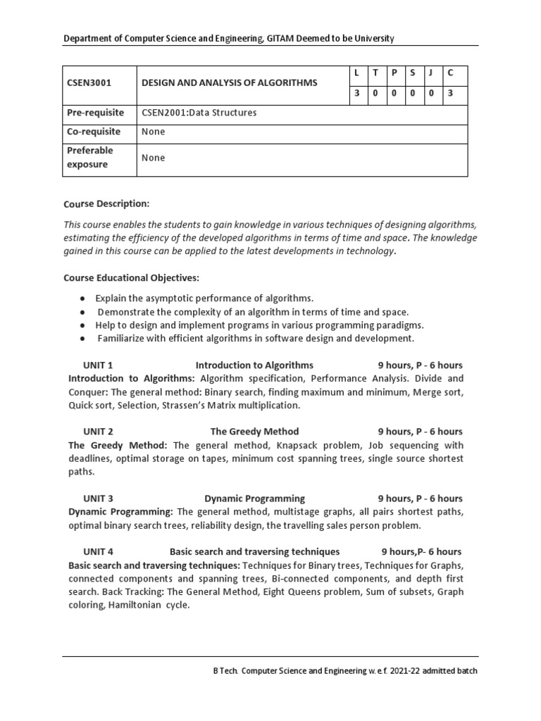 Daa (Csen3001) | PDF | Dynamic Programming | Algorithms