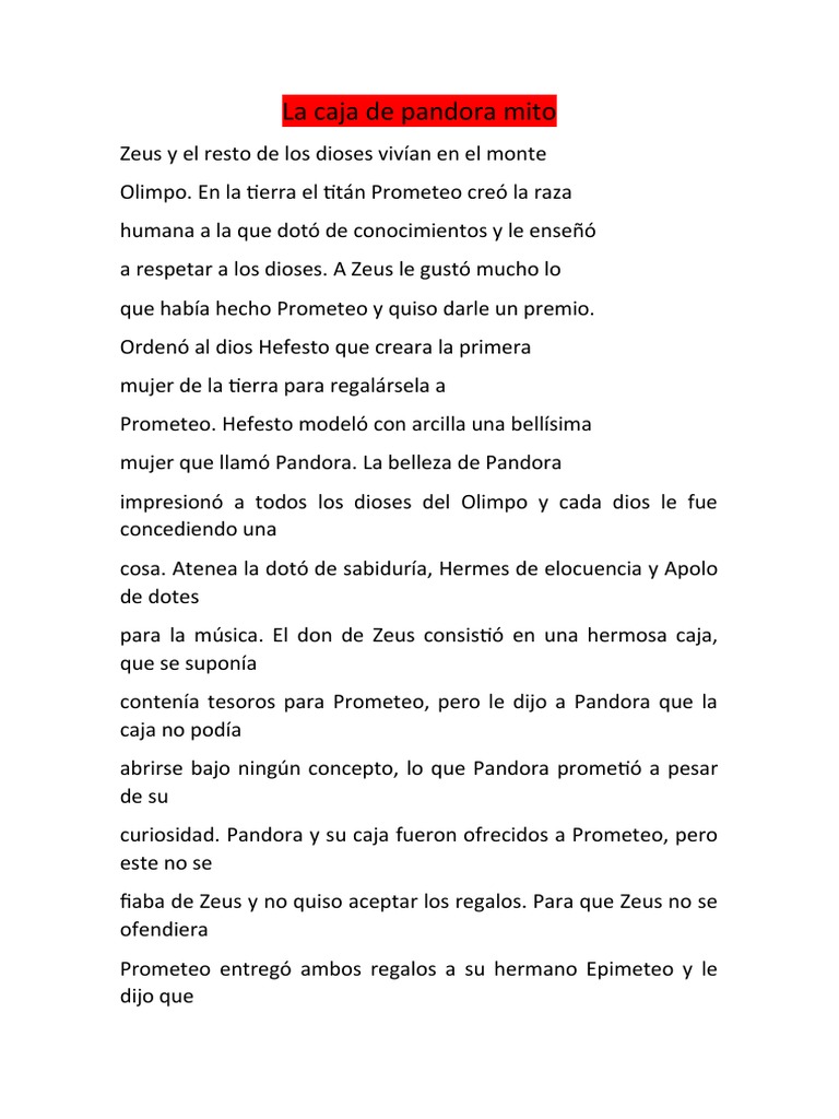 La Caja de Pandora Mito | PDF | Mitología griega | Prometeo