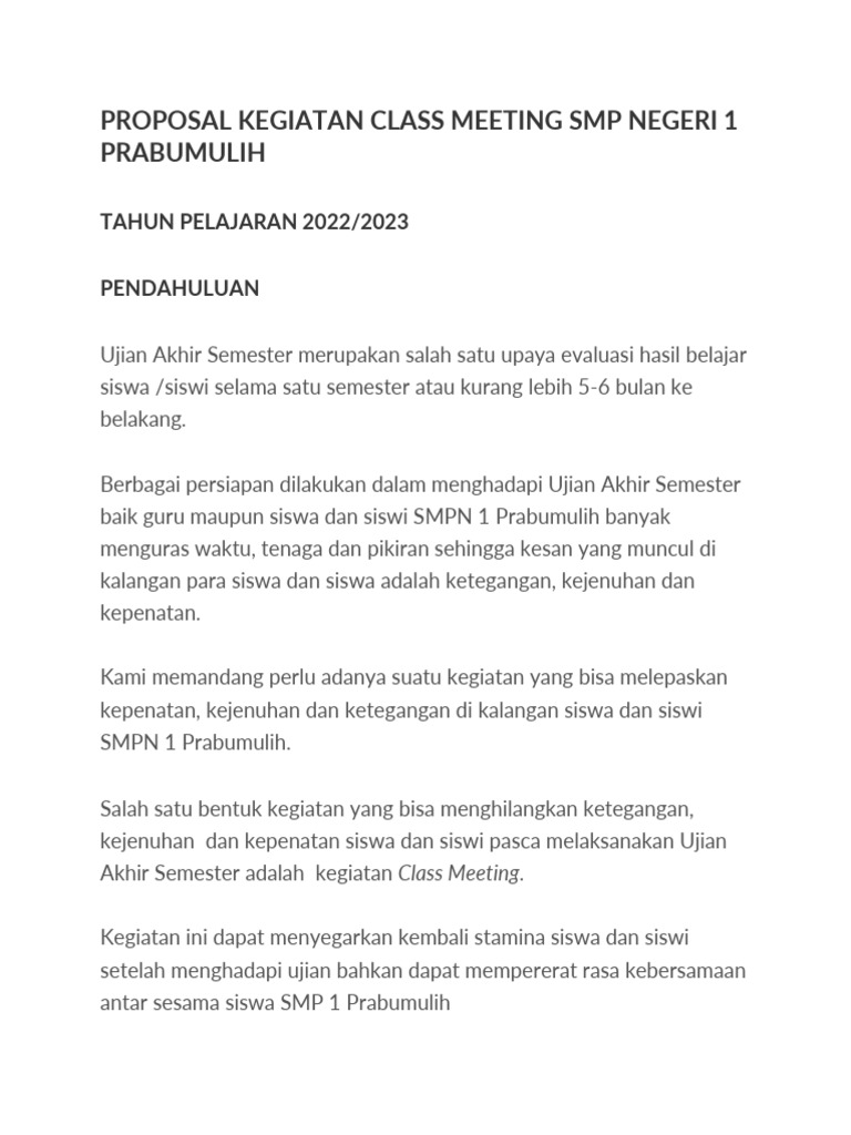 Proposal Kegiatan Class Meeting SMP Negeri 1 Prabumulih | PDF | Karier ...