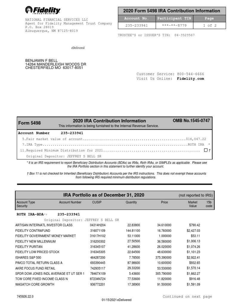2020 Roth IRA - BDA 235233941 Form 5498 | PDF | Individual Retirement ...