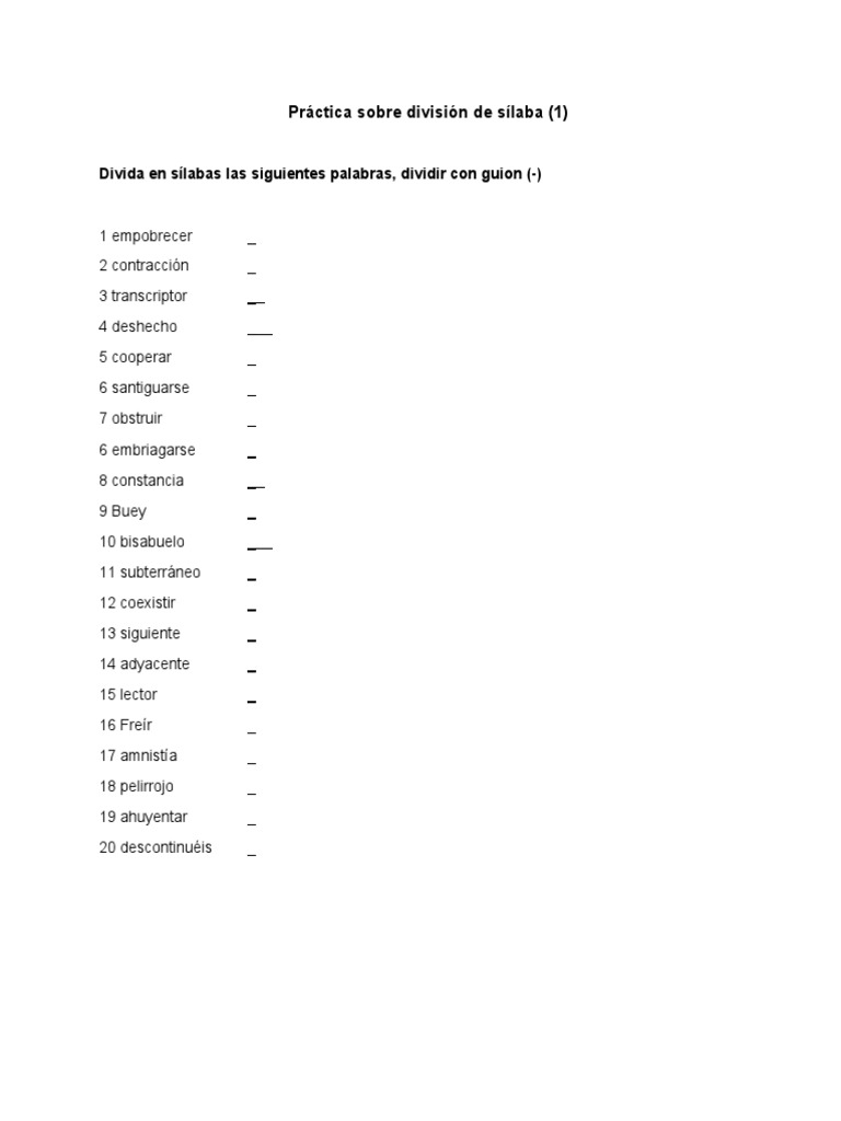 Práctica 1 Sobre División de Sílaba 10 Ptos. | PDF