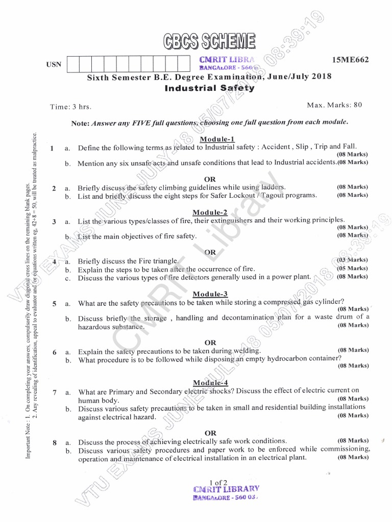 VTU Question Paper of 15ME662 Industrial Safety July 2018 | PDF