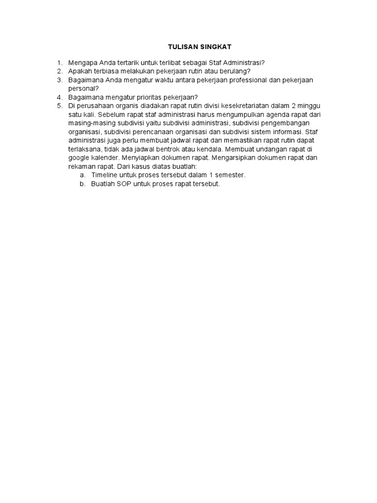 Tulisan Singkat - Staf Administrasi | PDF | Pengelolaan Keuangan & Uang