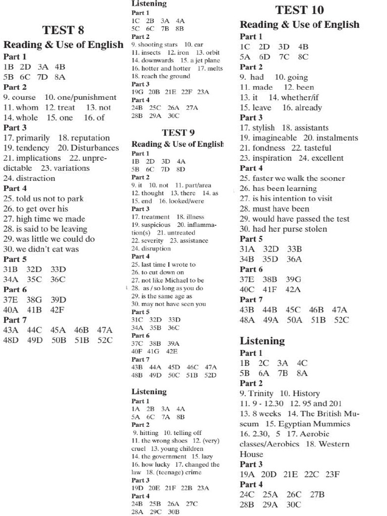 Answer Key Tests 8-10 | PDF