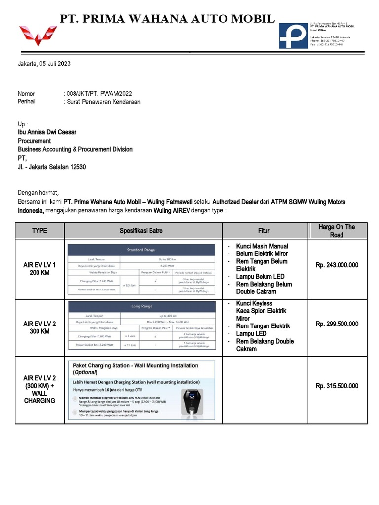 Penawaran Kendaraan Wuling | PDF
