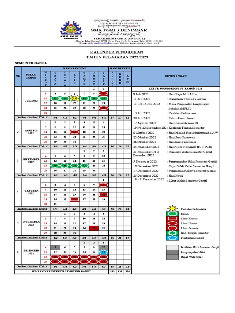 Kalender Pendidikan - SMK PGRI 3 - 2022 - 2023 | PDF