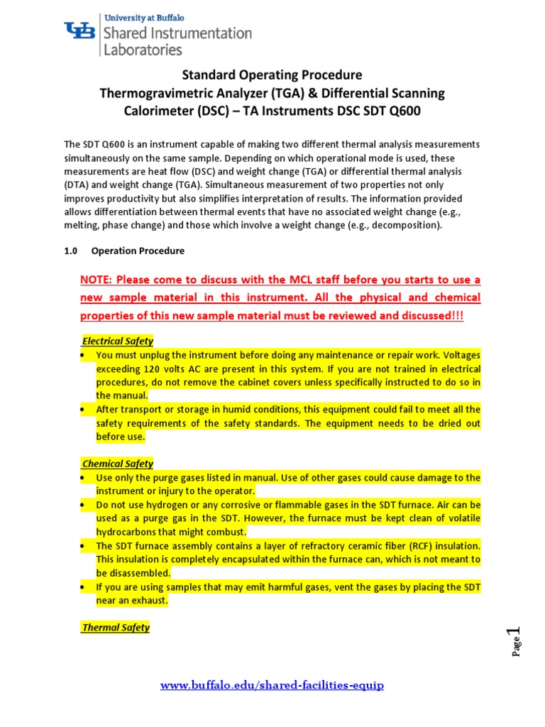 SOP - TA Instruments SDT Q600 TGA-DSC - Regular Operation - 10 - 20 - 16 | PDF | Differential ...