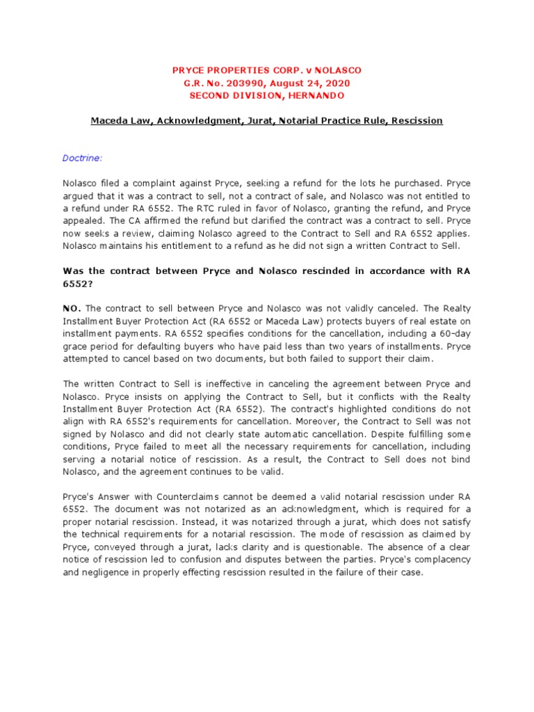 Pryce Properties Corp V Nolasco | PDF | Civil Law (Common Law) | Legal ...