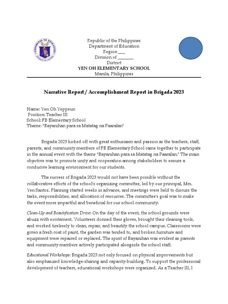 Narrative - Accomplishment Report Be23 | PDF | Teachers | Learning
