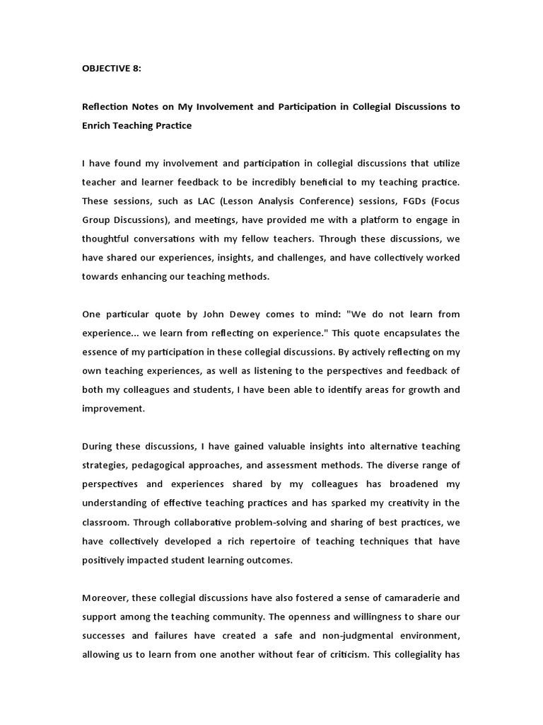 OBJECTIVE 8 - Reflection Notes On Participating in Collegial ...
