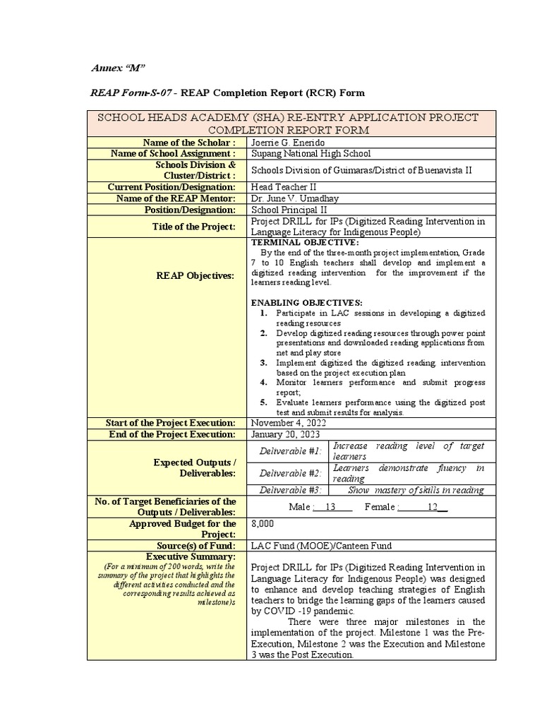 Annex M - REAP Form-S-07-REAP Completion Report Form | PDF | Learning ...