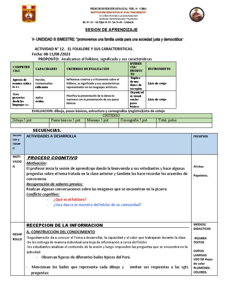 Sesion de Aprendizaje N°12 3ro. El Folklore Iii Bim. | PDF | Tradiciones | Folklore