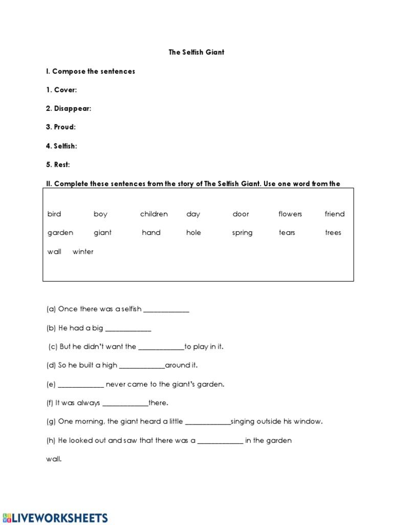 The Selfish Giant Worksheet | PDF The Selfish Giant Worksheet | PDF