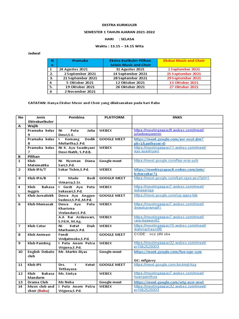 Jadwal Dan Link Pembina EKSTRA KURIKULER 2021 | PDF
