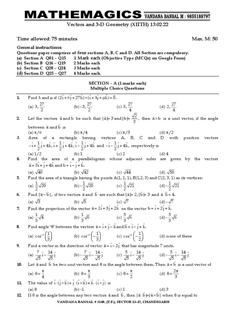 Vectors and 3-D Geometry Test - XII (13.02.22) +2 Maths India (NCERT ...