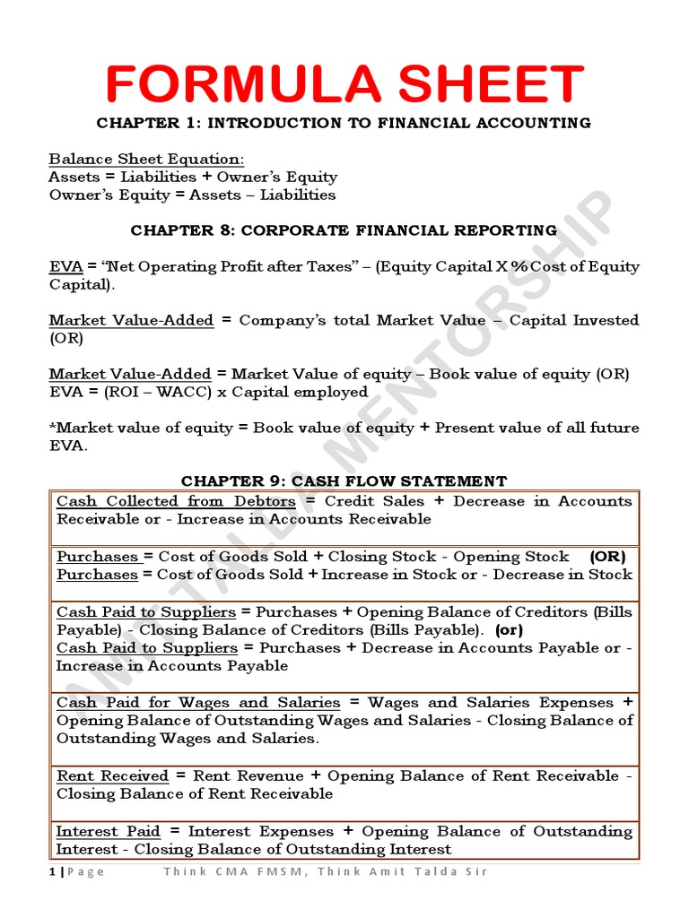 CMA FORMULA SHEET-Executive-Revision | PDF