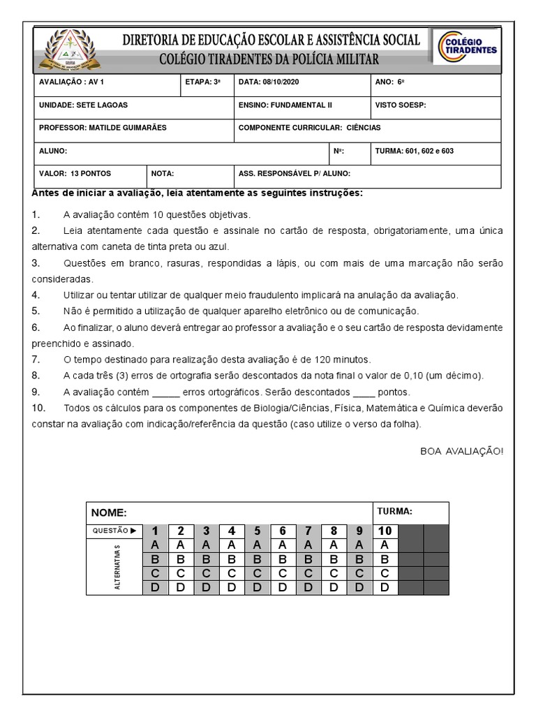AV. 1 6 ANO 3 Etapa - Adaptada YARA | PDF | Músculo esquelético | Autofagia