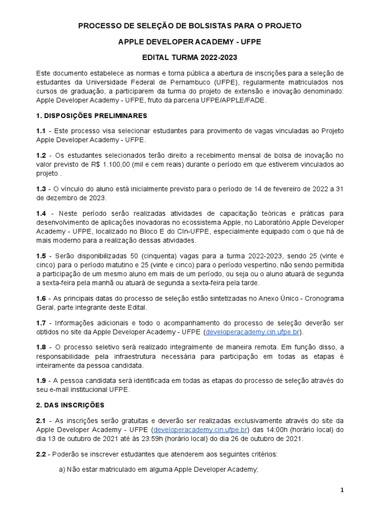 Edital Apple Developer Academy UFPE - Turma 2022 - 2023 | PDF | Computadores