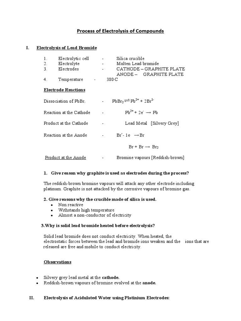 Summary Electrolysis Pdf Anode Electrolyte