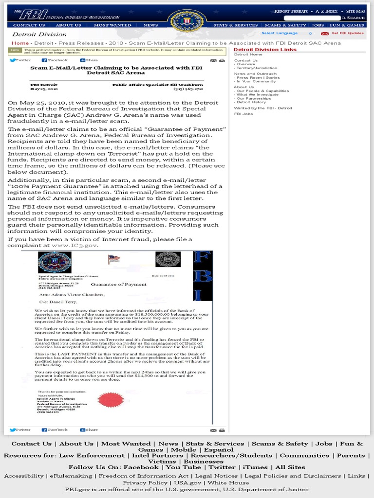 FBI - Scam E-MailLetter Claiming To Be Associated With FBI Detroit SAC ...