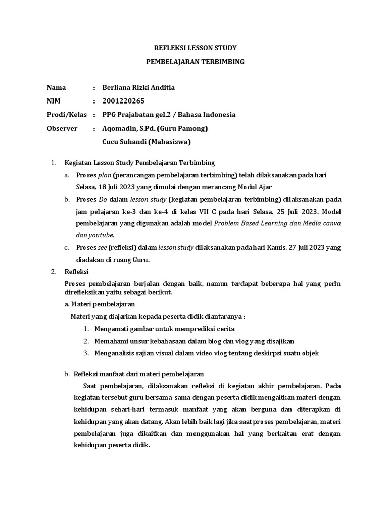 Refleksi Lesson Study PPL | PDF