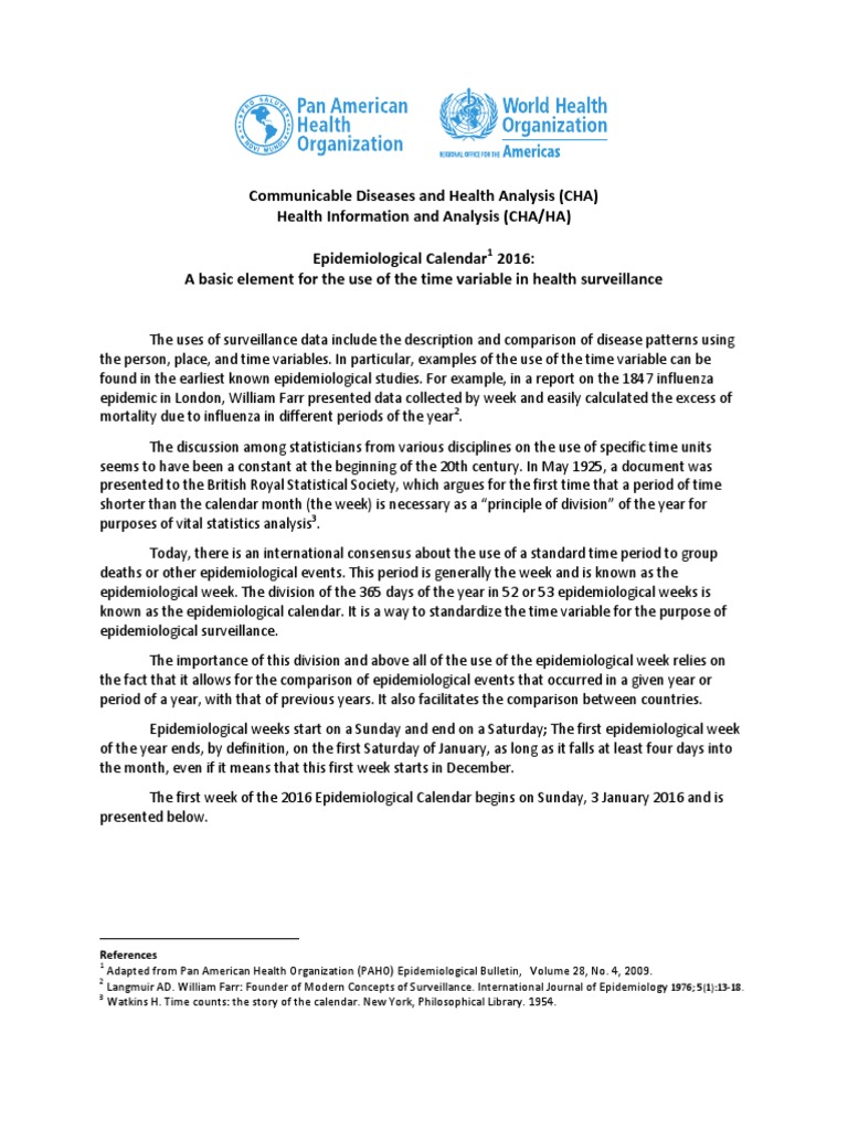2016 Cha Epidemiological Calendar | PDF