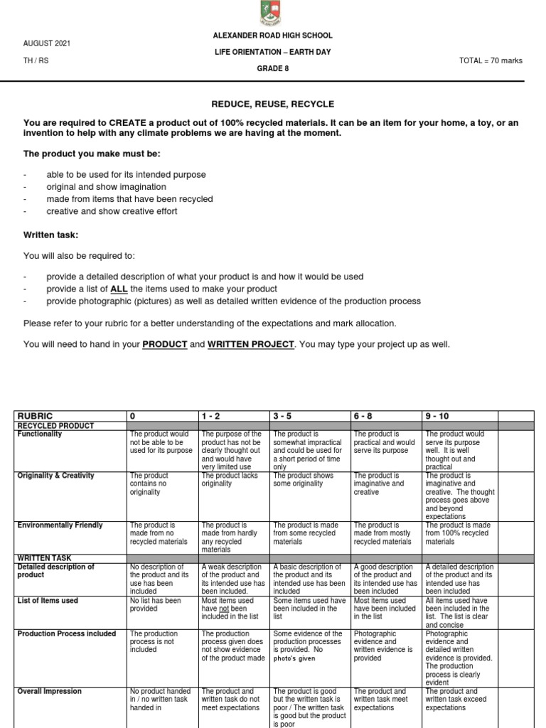 Grade 8 Earth Day Project Guidelines | PDF | Recycling | Cognition