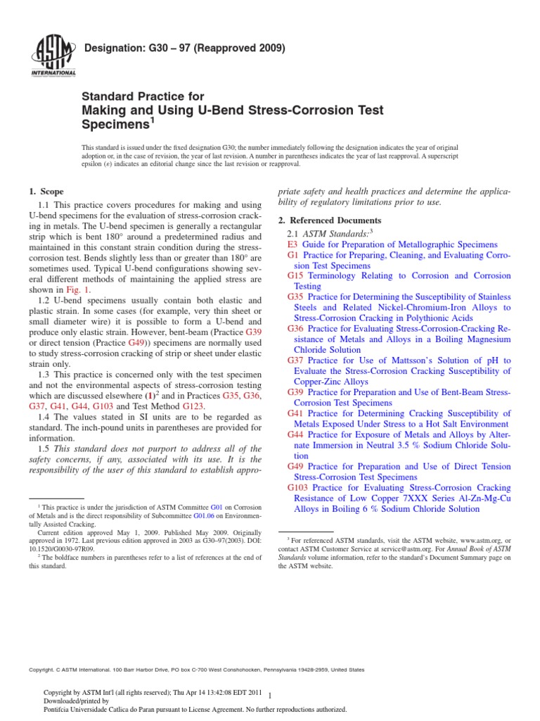 Astm G30 97 2009 Standard Practice For Making And Using U Bend Stress