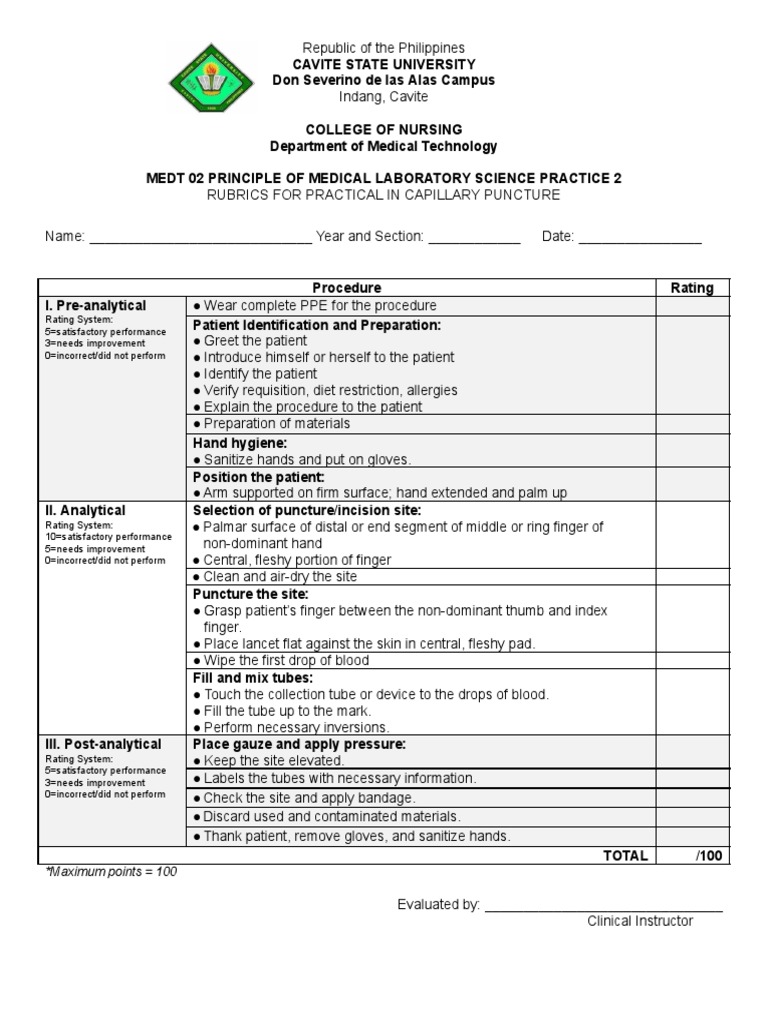 Rubrics- Capillary Puncture | PDF
