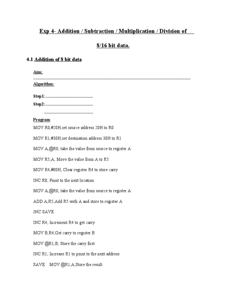 Exp4 Add Sub Mul Div Of 8 Bit And 16 Bit Pdf Computing Computer Engineering 