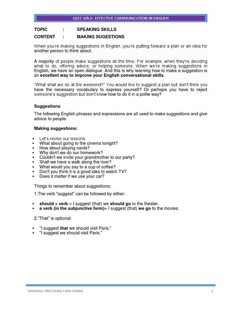 TOPIC2c - Speaking - Making Suggestions | PDF | English Language | Cognitive Science