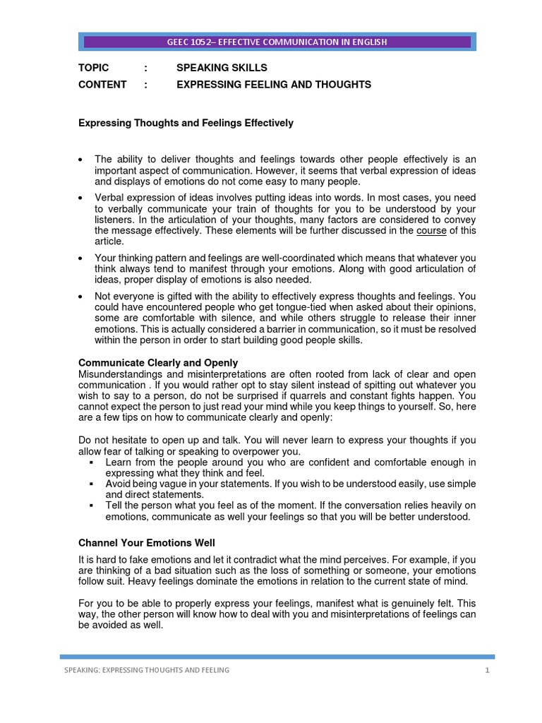 TOPIC2a - Speaking - Expressing Thought and Feelings | PDF | Thought | Feeling