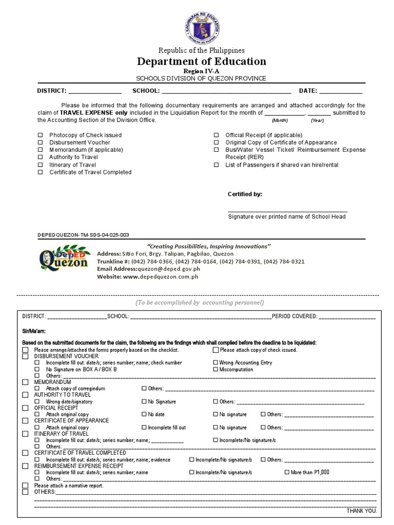 Travel Expense Liquidation Checklist | PDF | Signature | Government
