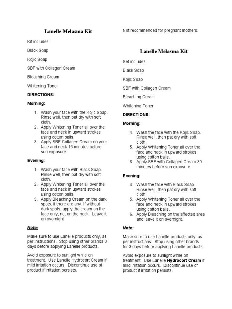 Lanelle Melasma Kit Directions | PDF | Diseases And Disorders | Skin