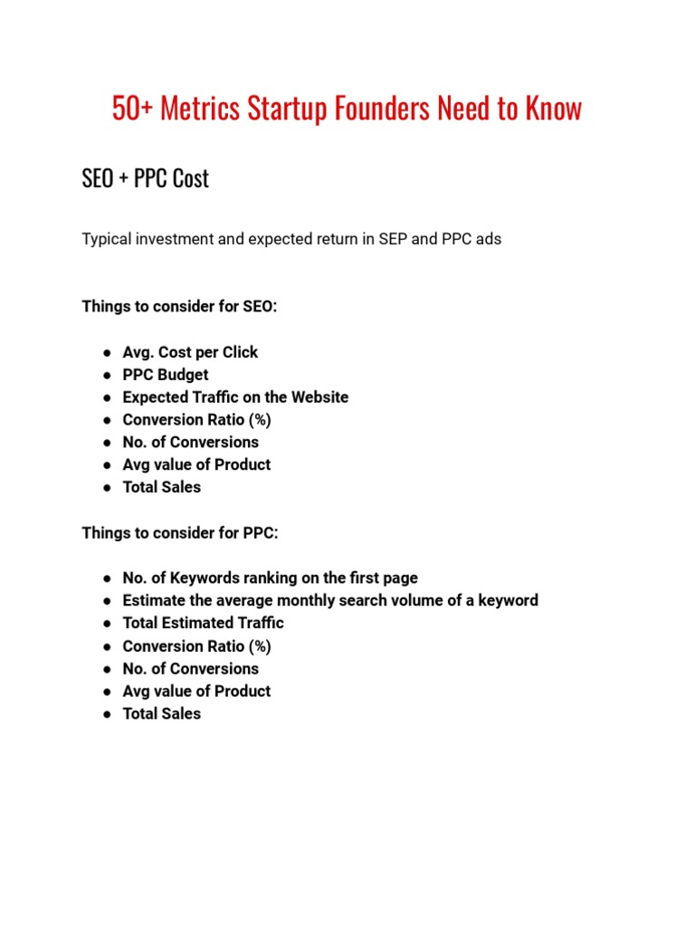 50+ Metrics For Startups | PDF | Gross Margin | Return On Investment