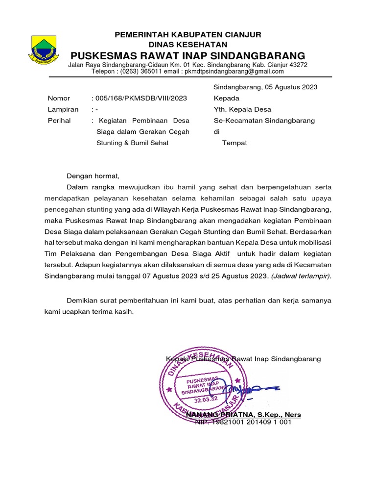 Surat Pemberitahuan Desa Siaga Cegah Stunting | PDF