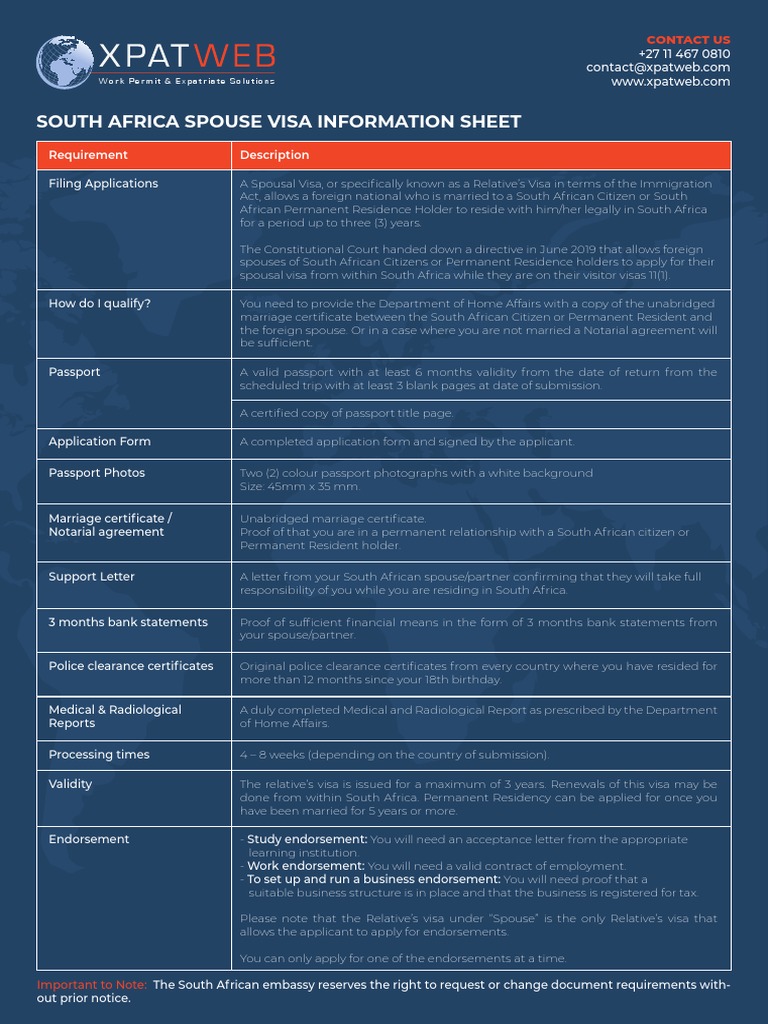 South Africa Spouse Visa Information Sheet | PDF | Travel Visa | Passport