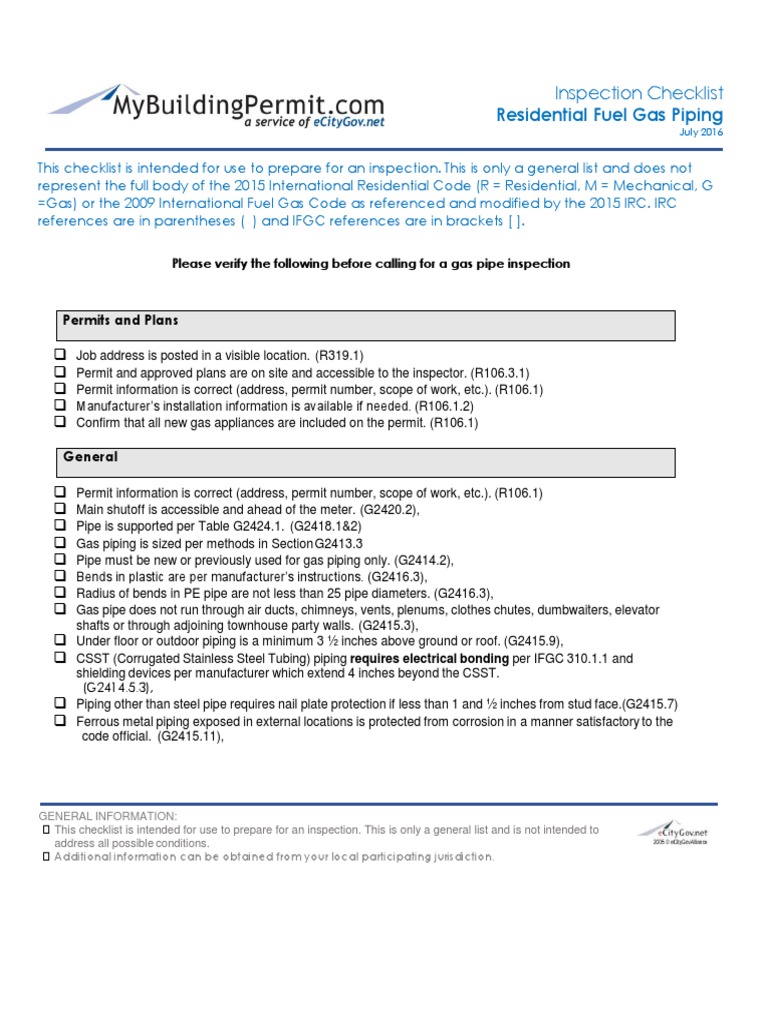 15 IRC Fuel Gas Piping Checklist_1 | PDF | Pipe (Fluid Conveyance) | Materials