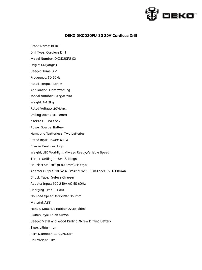 DEKO DKCD20FU-S3 20V Cordless Drill | PDF
