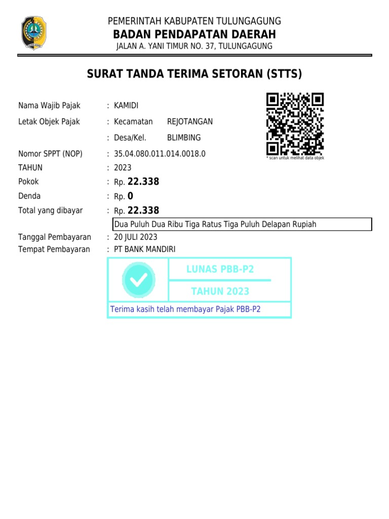 Badan Pendapatan Daerah Surat Tanda Terima Setoran (STTS) : Pemerintah ...