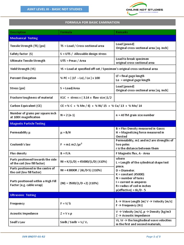 NDT-Basic-Formulae | PDF | Strength Of Materials | Ultimate Tensile Strength