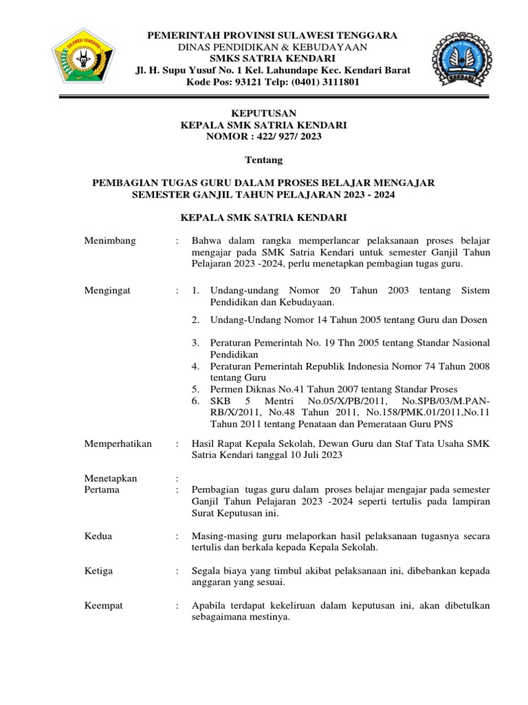 SK Pembagian Tugas Semester Ganjil 2023-2024) | PDF
